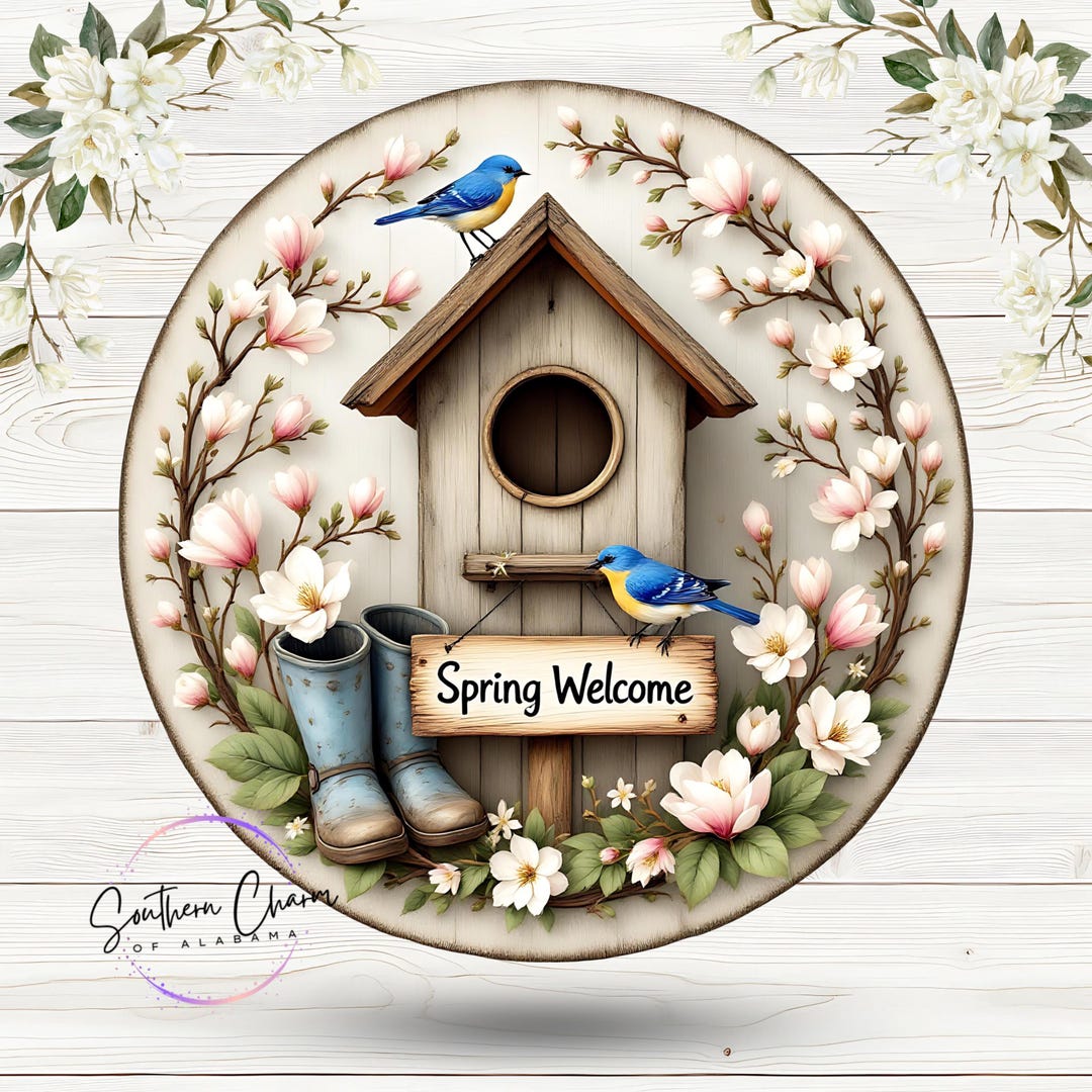 Spring Welcome Bluebirds and Magnolias at the Bird House Wreath Sign ...