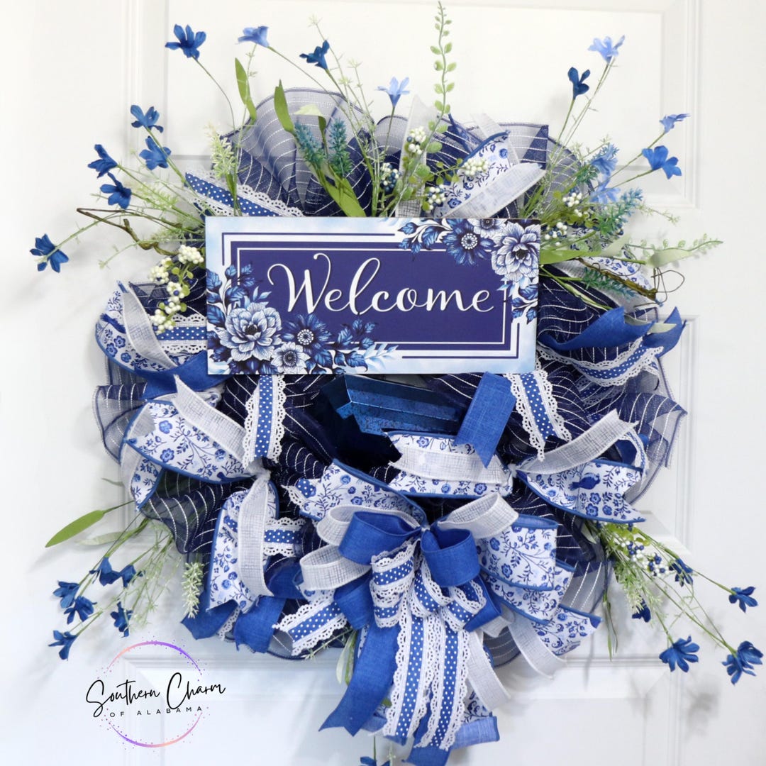 Cheerful Chinoiserie "welcome" Wreath, Blue and White Lace Ribbon in ...