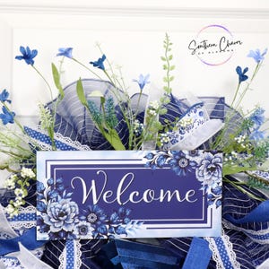 Cheerful Chinoiserie "welcome" Wreath, Blue and White Lace Ribbon in ...