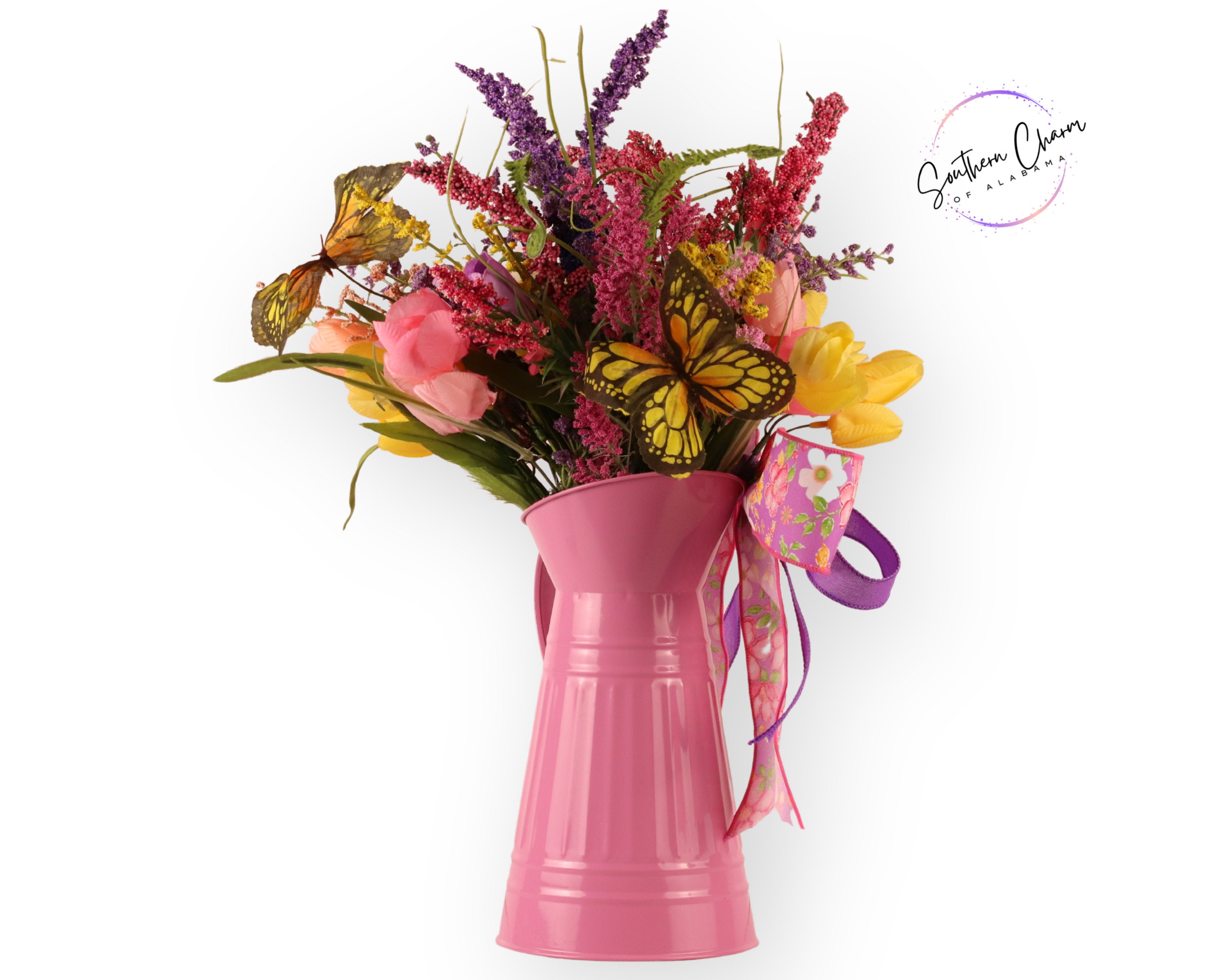 Pink Water Pitcher Floral Arrangement Centerpiece, Butterflies and ...