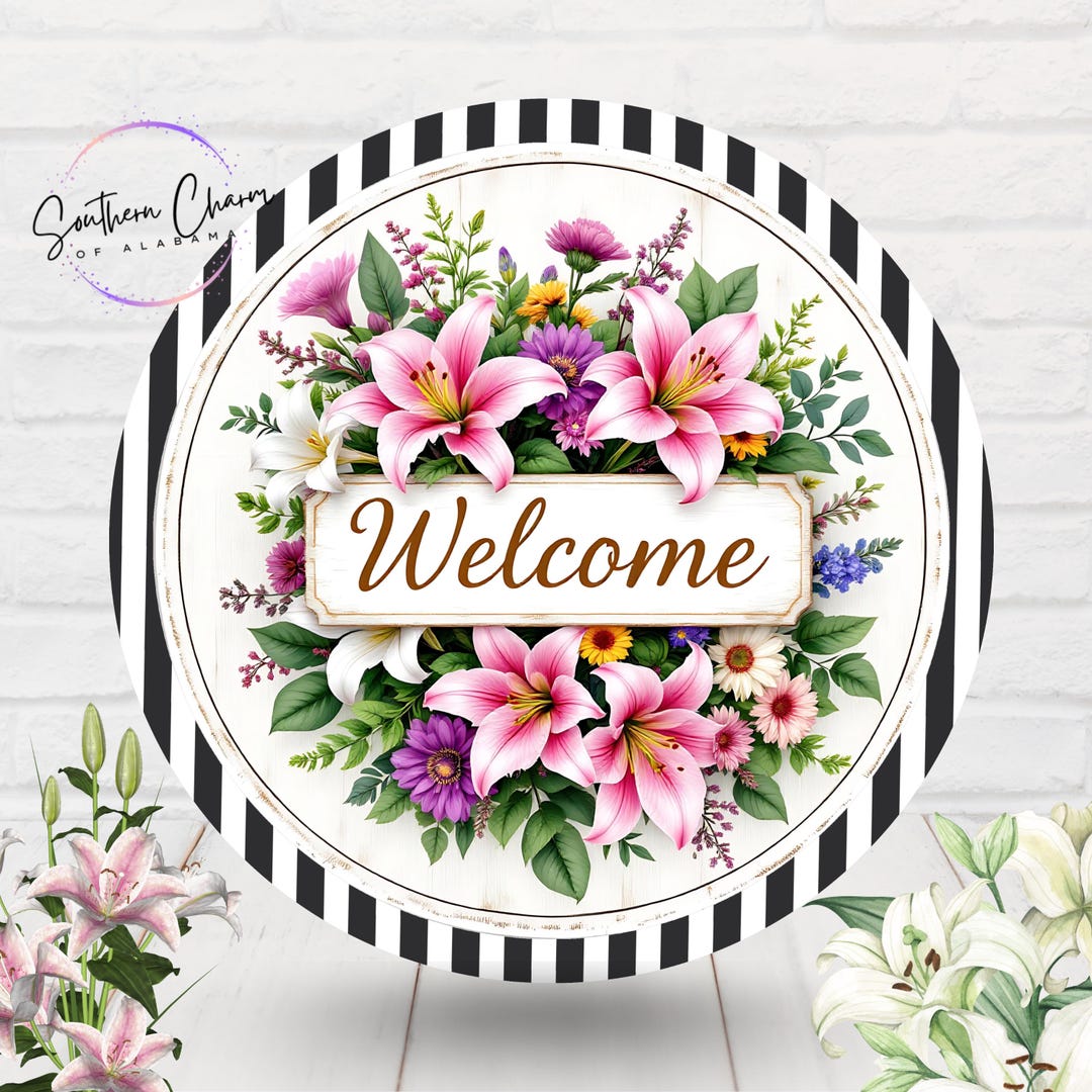 Lily Welcome Wreath Sign, Pink Floral Aluminum Door Decor - Etsy