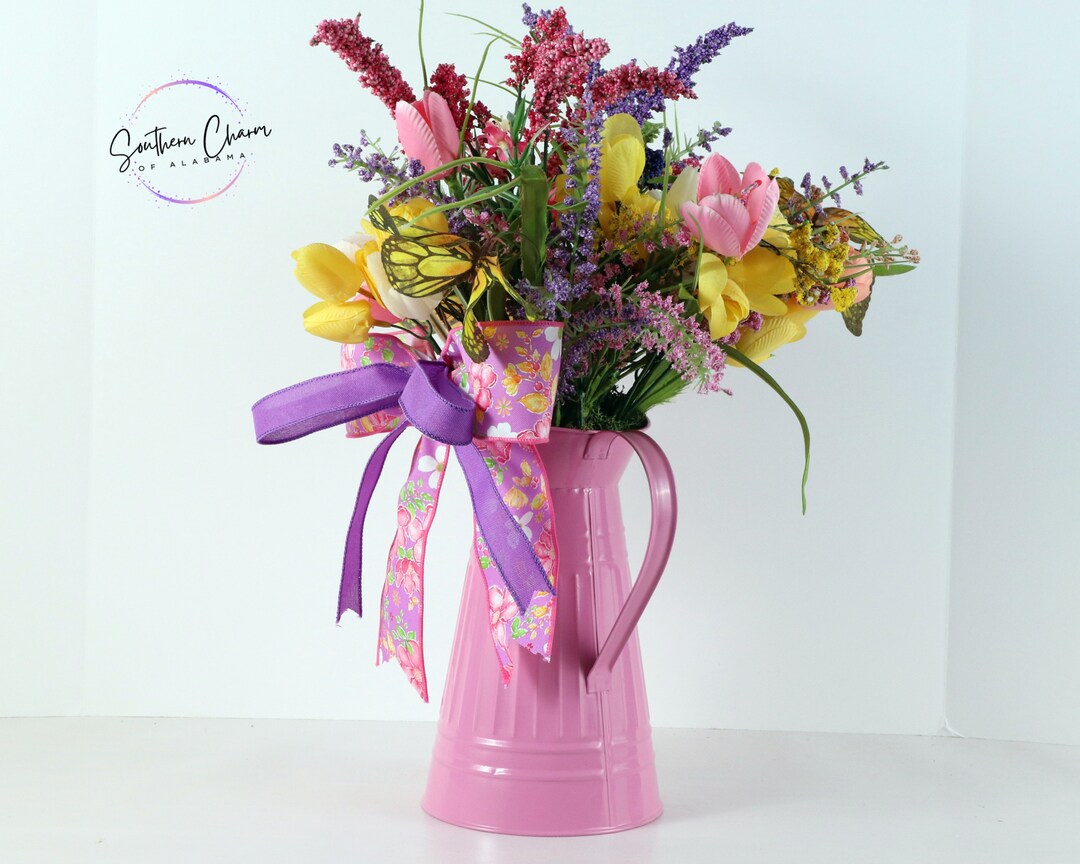 Pink Water Pitcher Floral Arrangement Centerpiece, Butterflies and ...