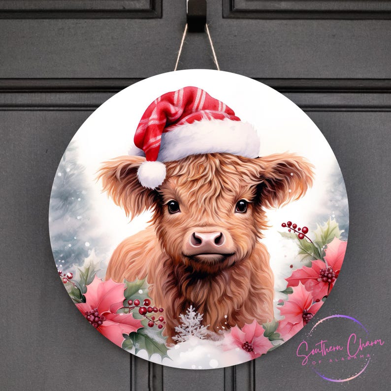 Baby Highland Cow Christmas Sign, Christmas Poinsettia and Holly ...