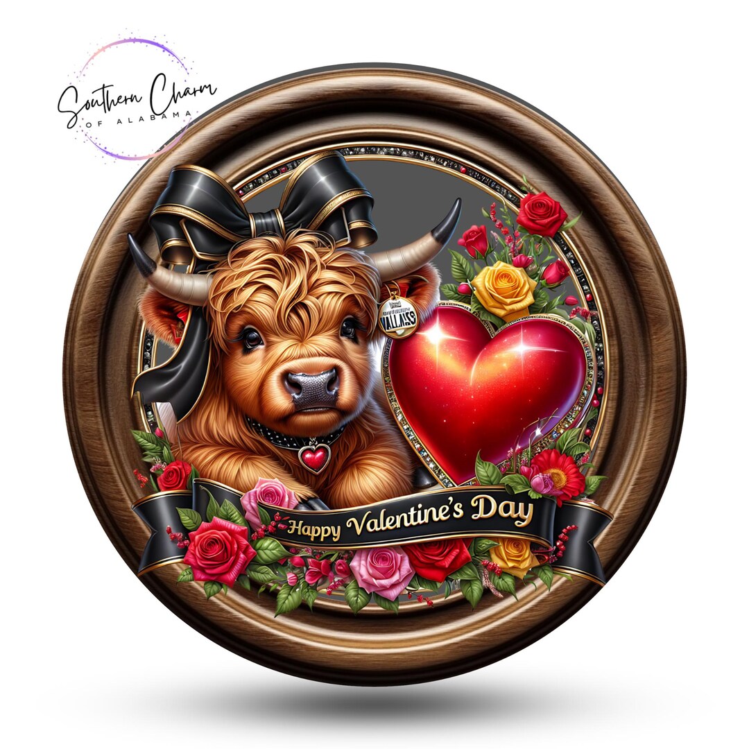 Highland Cow Calf Wishing Happy Valentin's Day, Red, Yellow Roses Metal ...