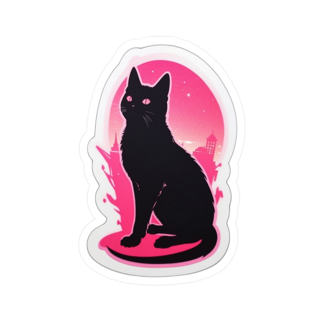 Black & Pink Cat Sticker, City Scape, Street Cat, Pink Eyes, Full Moon ...