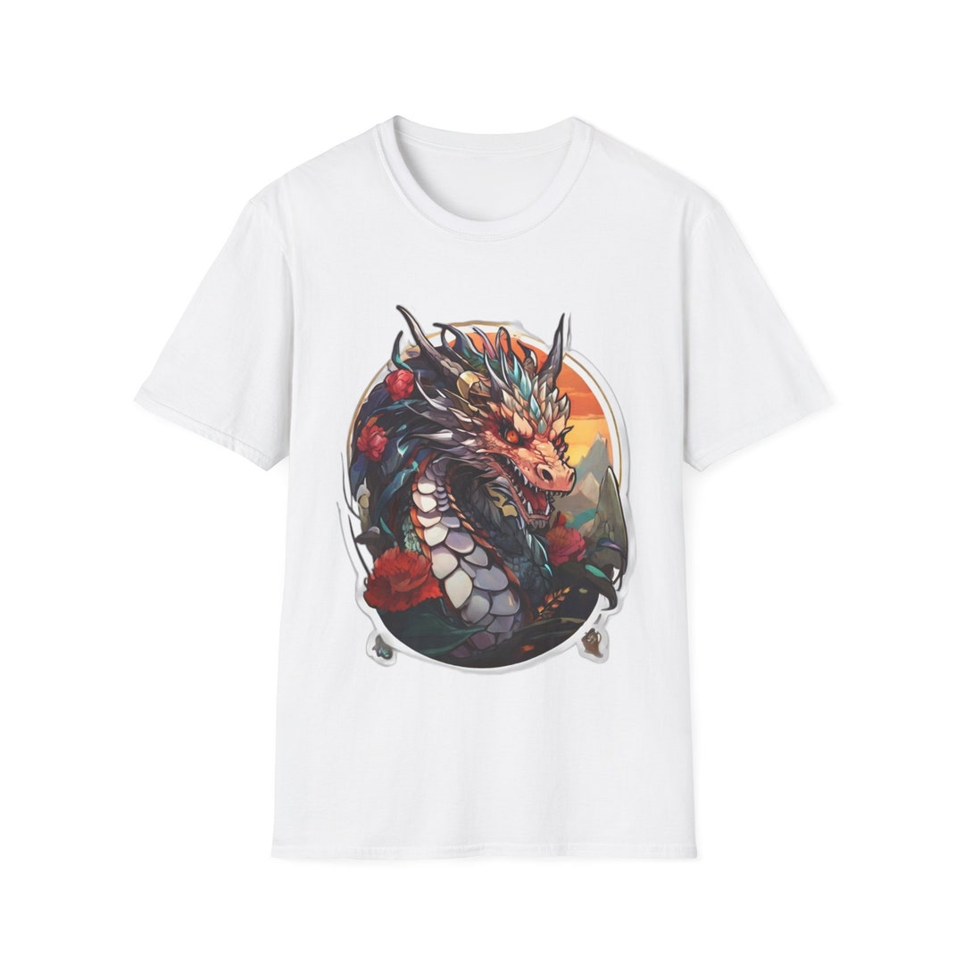 Dragon T-shirt, Japanese Dragon, Fire, Flowers, Cool Tee, Unique ...