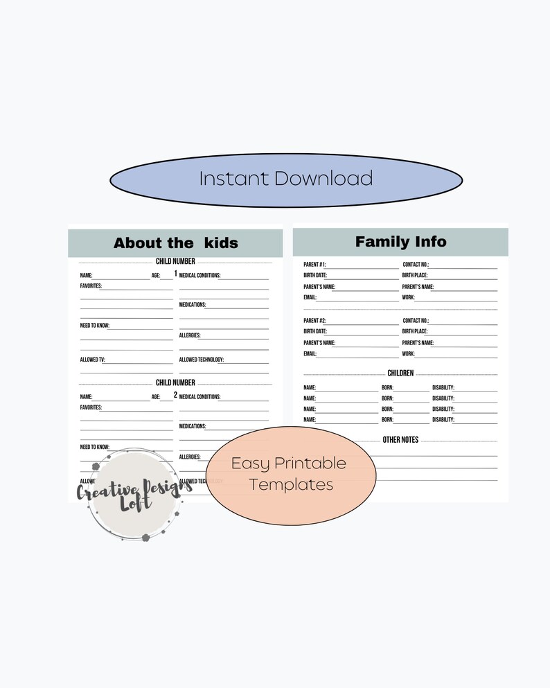 Babysitter Planner Printable, Instant Download PDF, Schedule Trackers ...