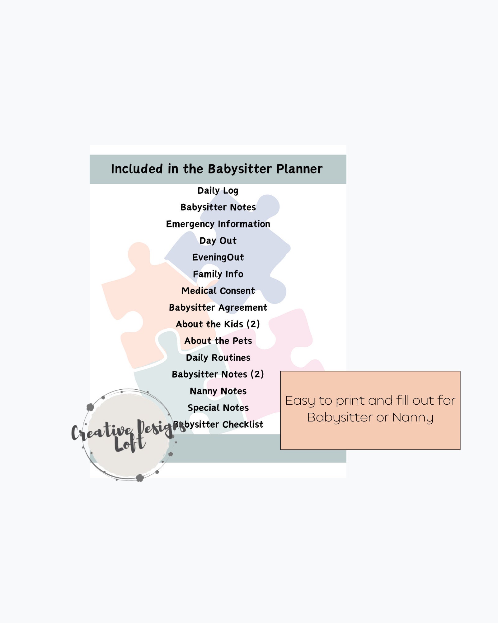 Babysitter Planner Printable, Instant Download PDF, Schedule Trackers ...