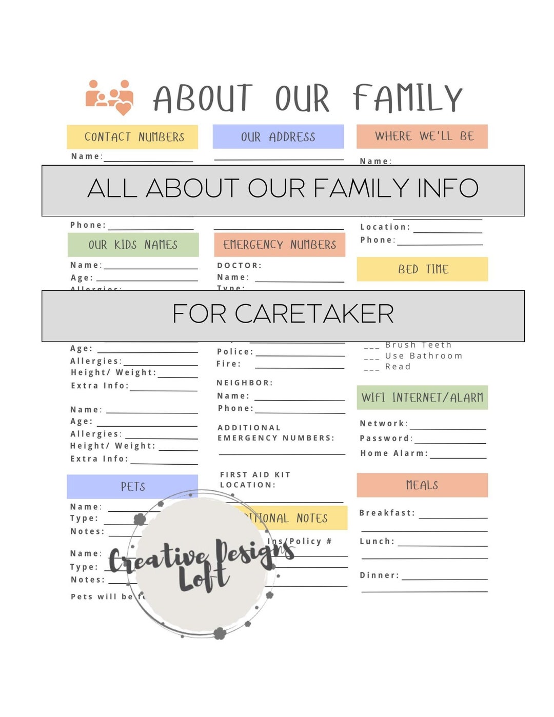 Babysitter Important Family Information Sheet, Printable, Instant ...