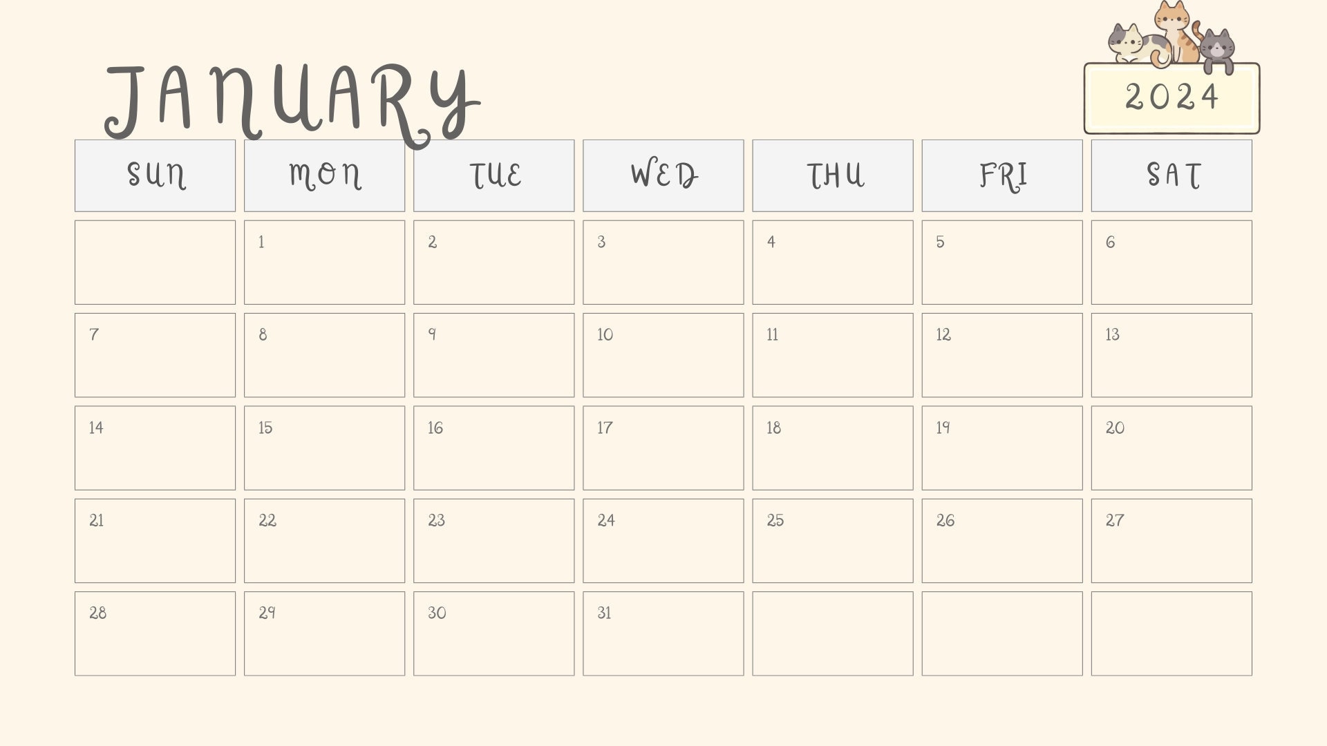 PRINTABLE CAT CALENDAR 2024, Cat Wall Calendar, Original Cat Art, Kitty ...