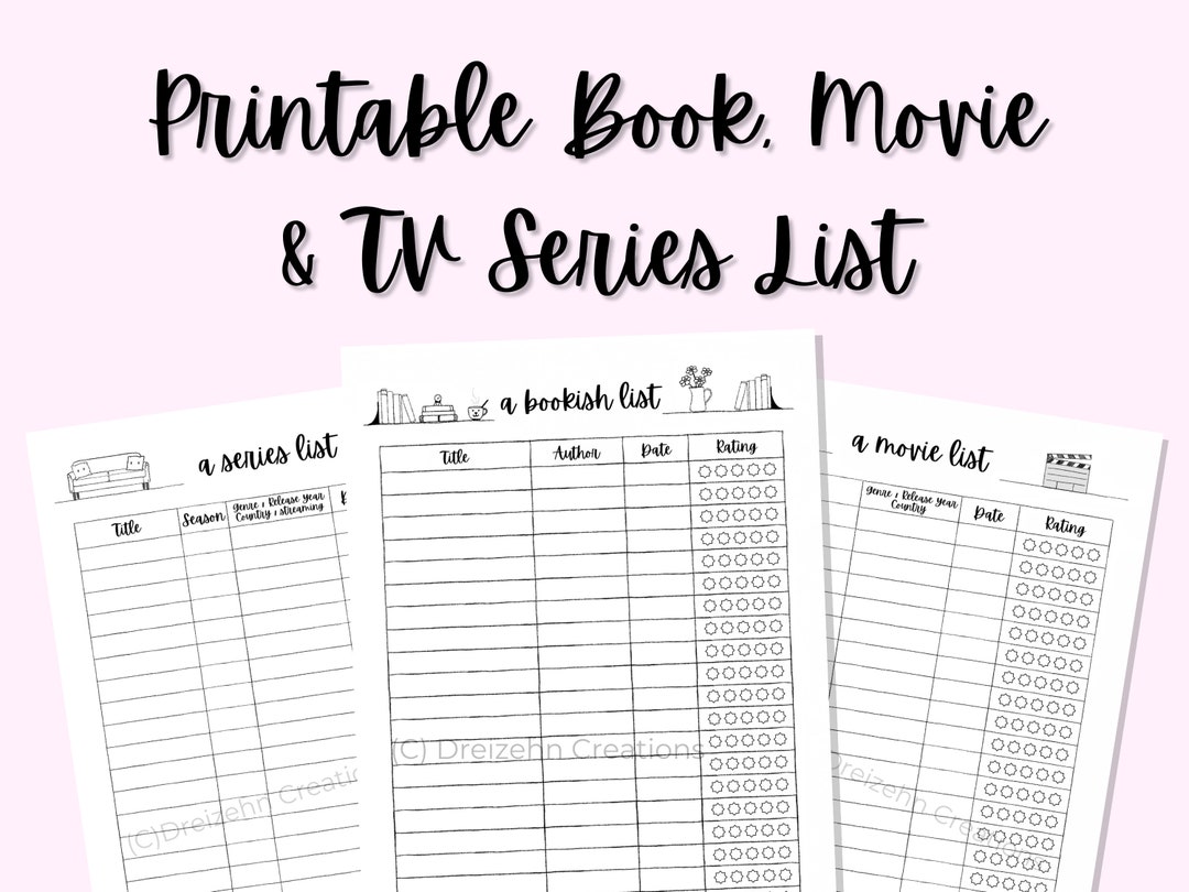 Printable Book Movie TV Series List Bundle, A4 Format, Film Rating ...