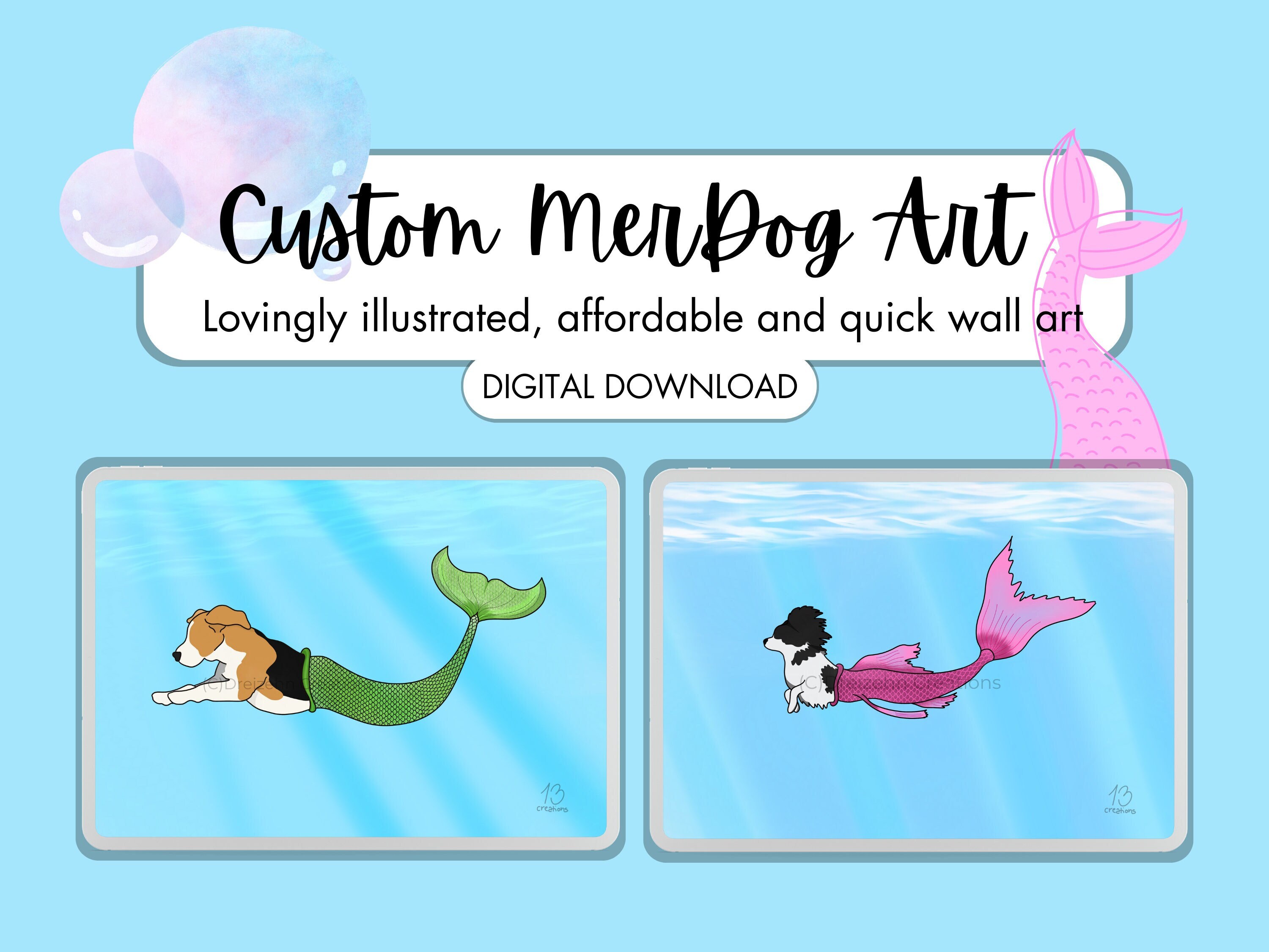 Custom Printable Dog Mermaid Wall Art From Photo, Personalized Merdog ...
