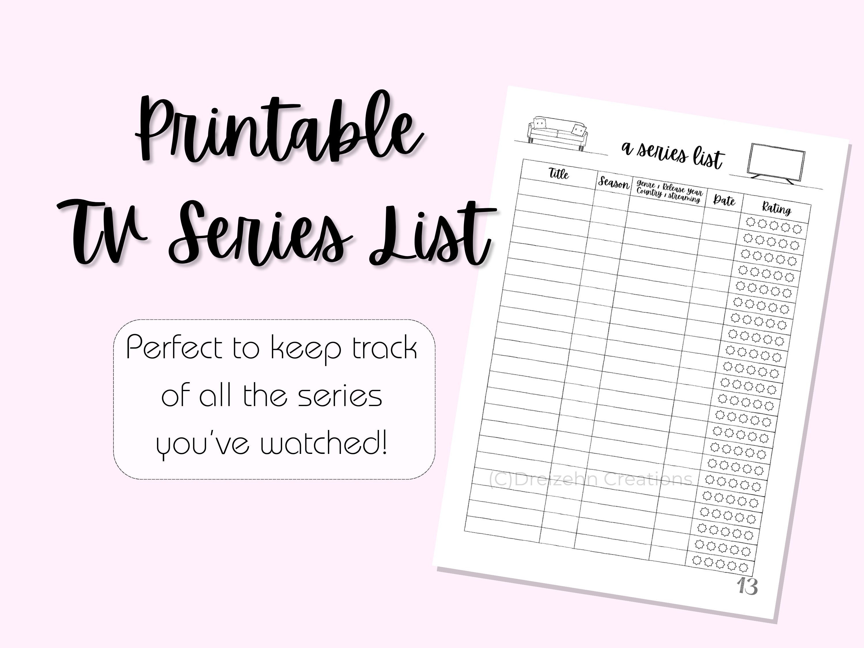 Printable TV Series List, Digital, TV Show Rating List, Review List, A4 ...