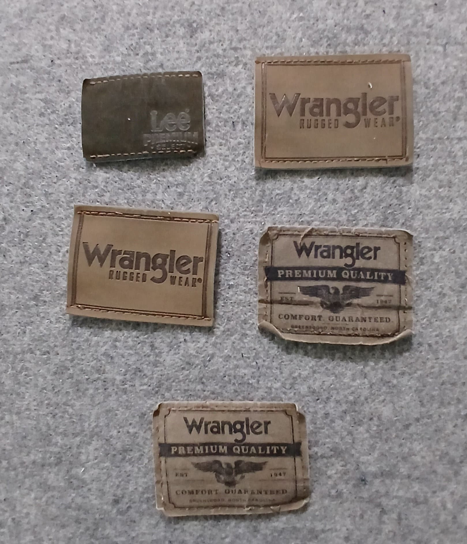 5 Blue Jean Denim Labels Lee Wrangler Premium Rugged Tags Leather-like ...