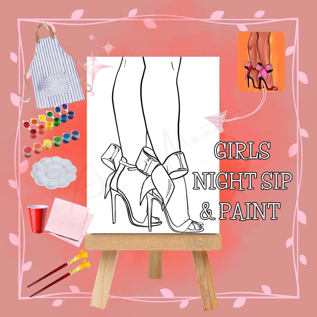 Girls' Night in Sip and Paint Kit Pre-drawn Canvas for Paint Party, DIY ...