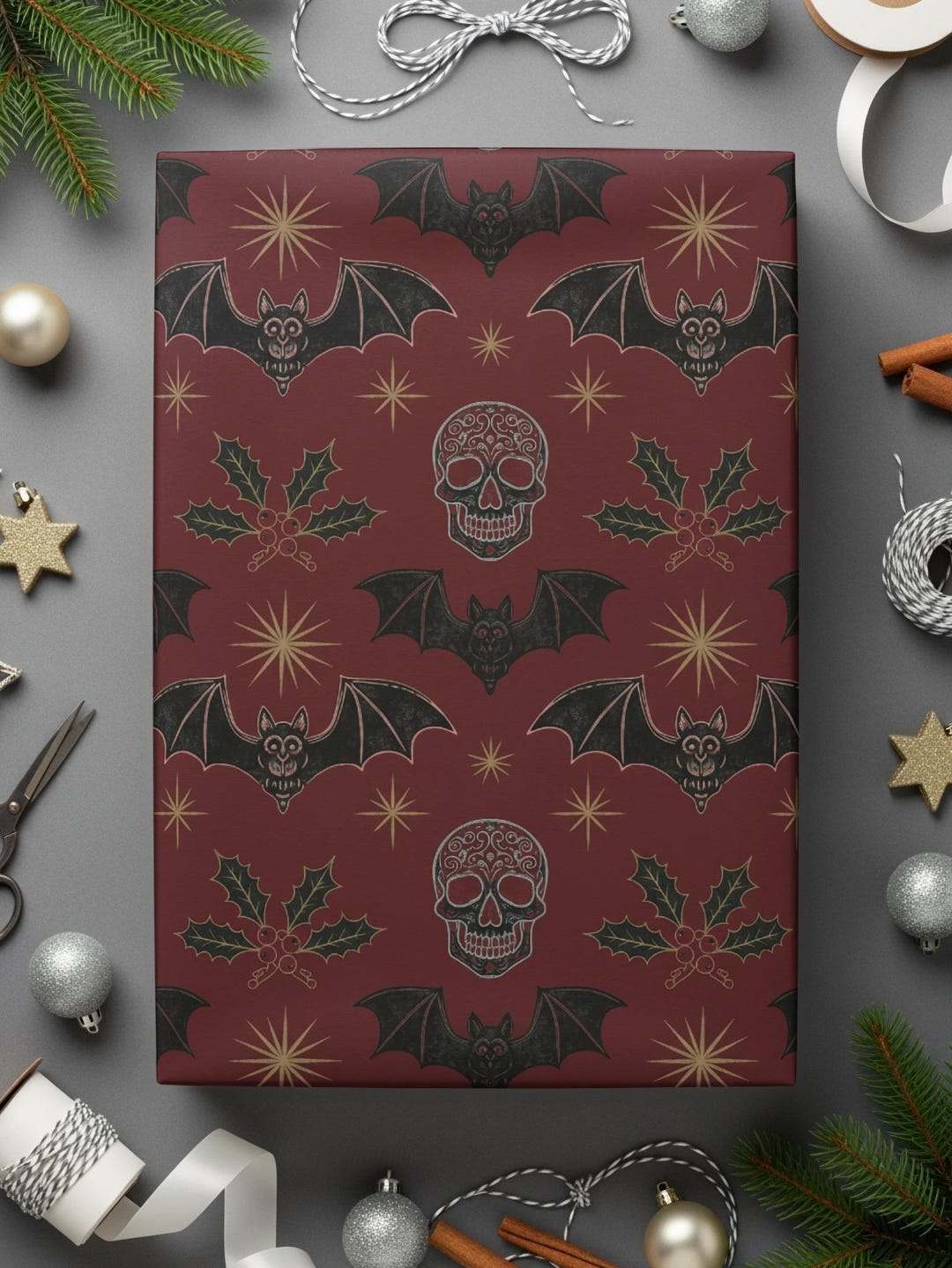Gothic Christmas Wrap Skull Design Dark Aesthetic Alternative Gift ...