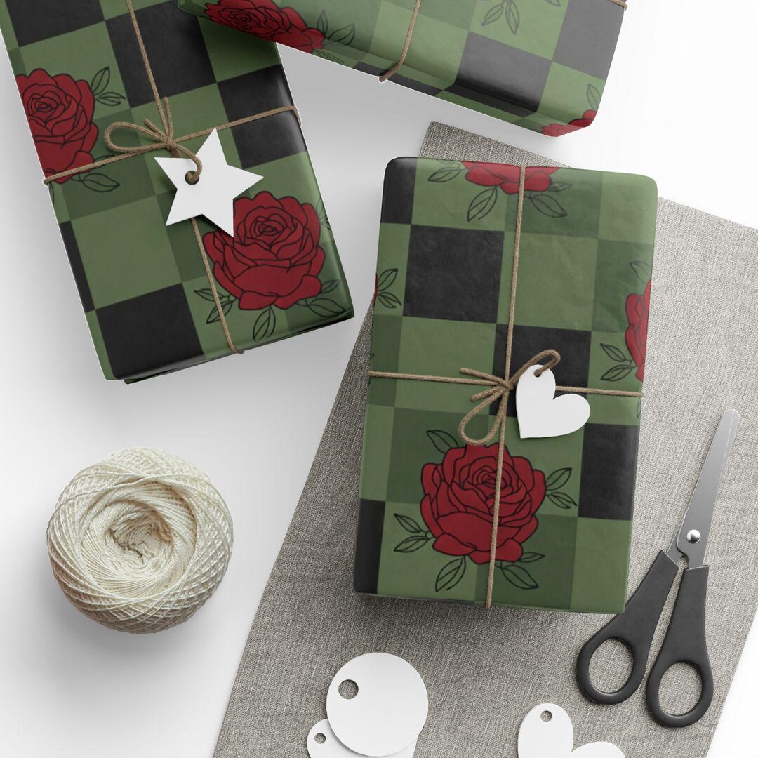 Red Roses Wrapping Paper, Checkered Print, Floral Gift Wrap, Unique ...