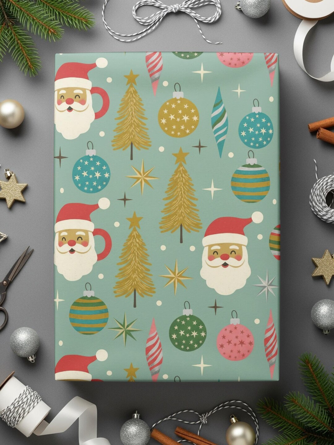 Retro Santa Christmas Wrapping Paper Mid Century Modern Holiday Gift ...