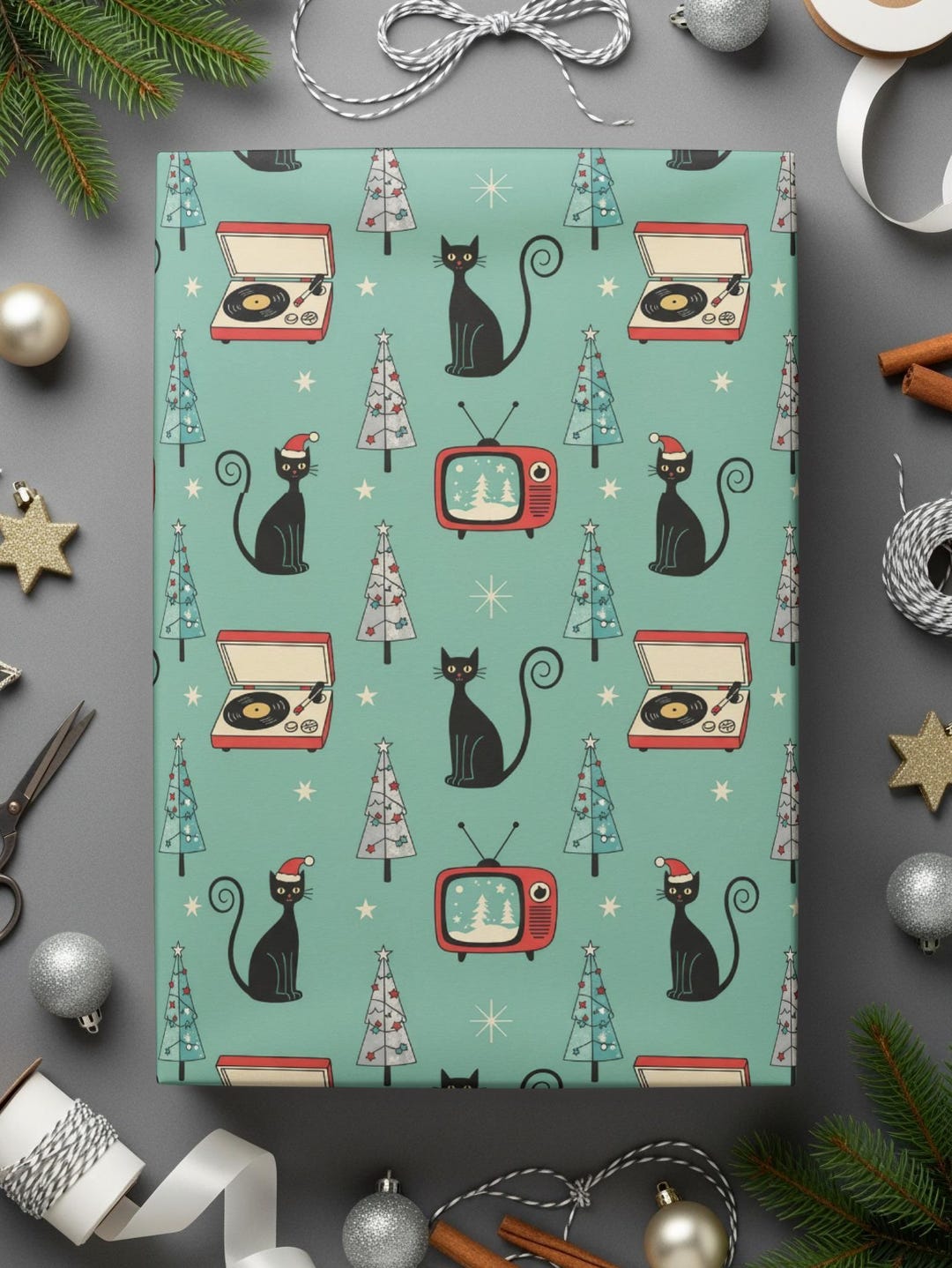 Midcentury Christmas Wrapping Paper Black Cat Retro Holiday TV Record ...