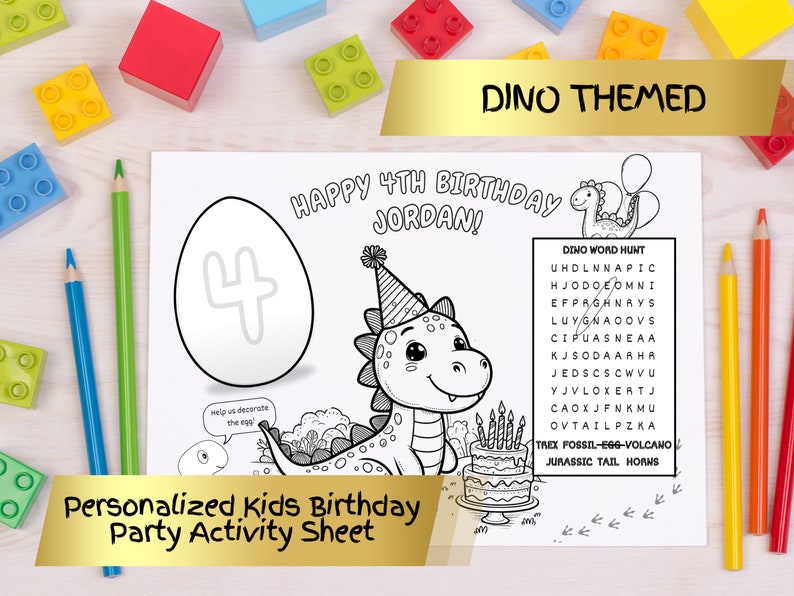 Custom Birthday Coloring Placemat Activity Sheet, Printable Dino ...