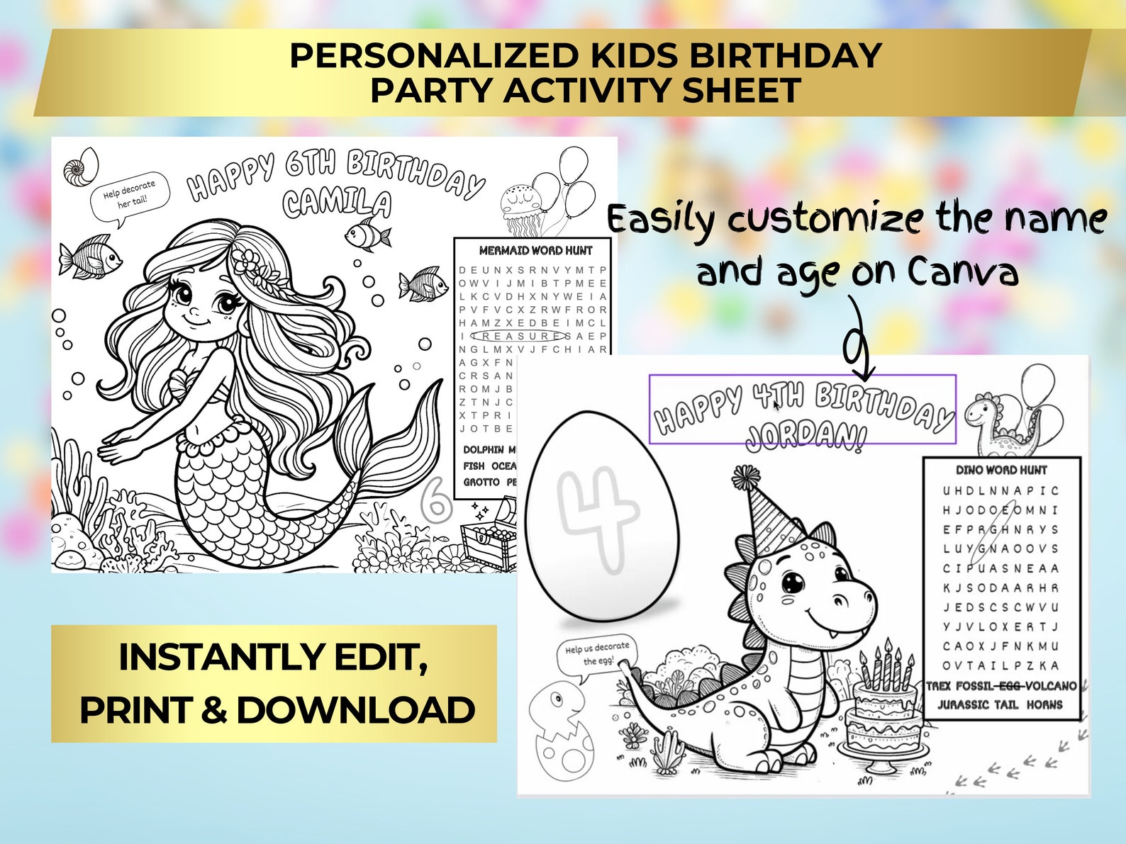 Custom Birthday Coloring Placemat Activity Sheet, Printable Dino ...