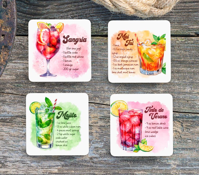 Custom Set of 4 Cocktail Recipe Coasters | Watercolor Drink Art on MDF ...