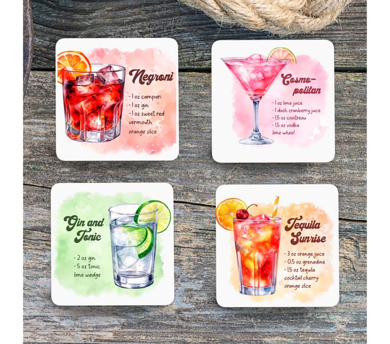 Custom Set of 4 Cocktail Recipe Coasters | Watercolor Drink Art on MDF ...