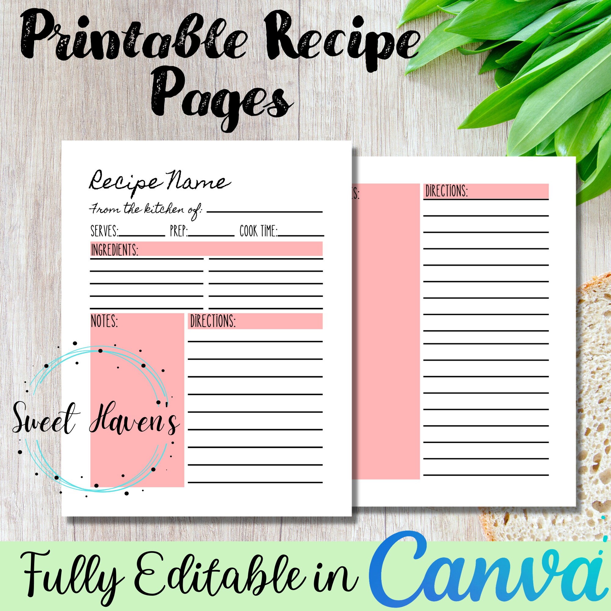 EDITABLE Printable Recipe Pages, Recipe Cards, Recipe Sheets, US Letter ...