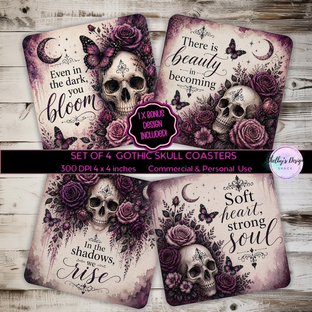 Gothic Skull Coaster Set PNG Bundle, 4 Floral Skull Sublimation Designs ...