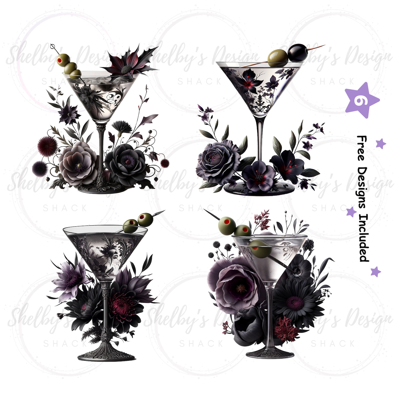 Set of 4 Martini Glass PNG Bundle, Gothic Dark Floral PNG Sublimation ...