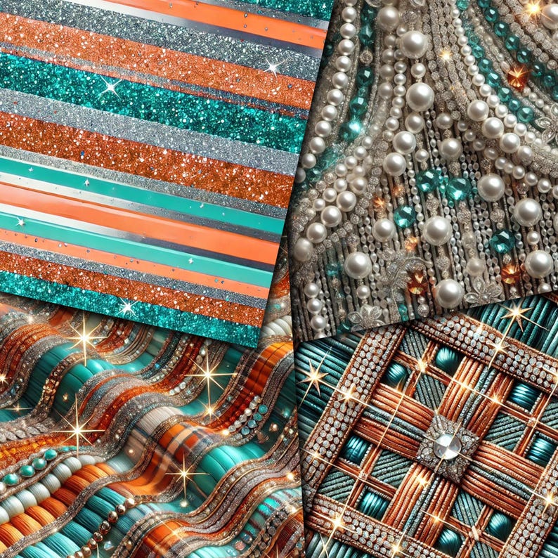 Showgirl Orange & Teal Digital Paper PNG Bundle, Glam Seamless ...