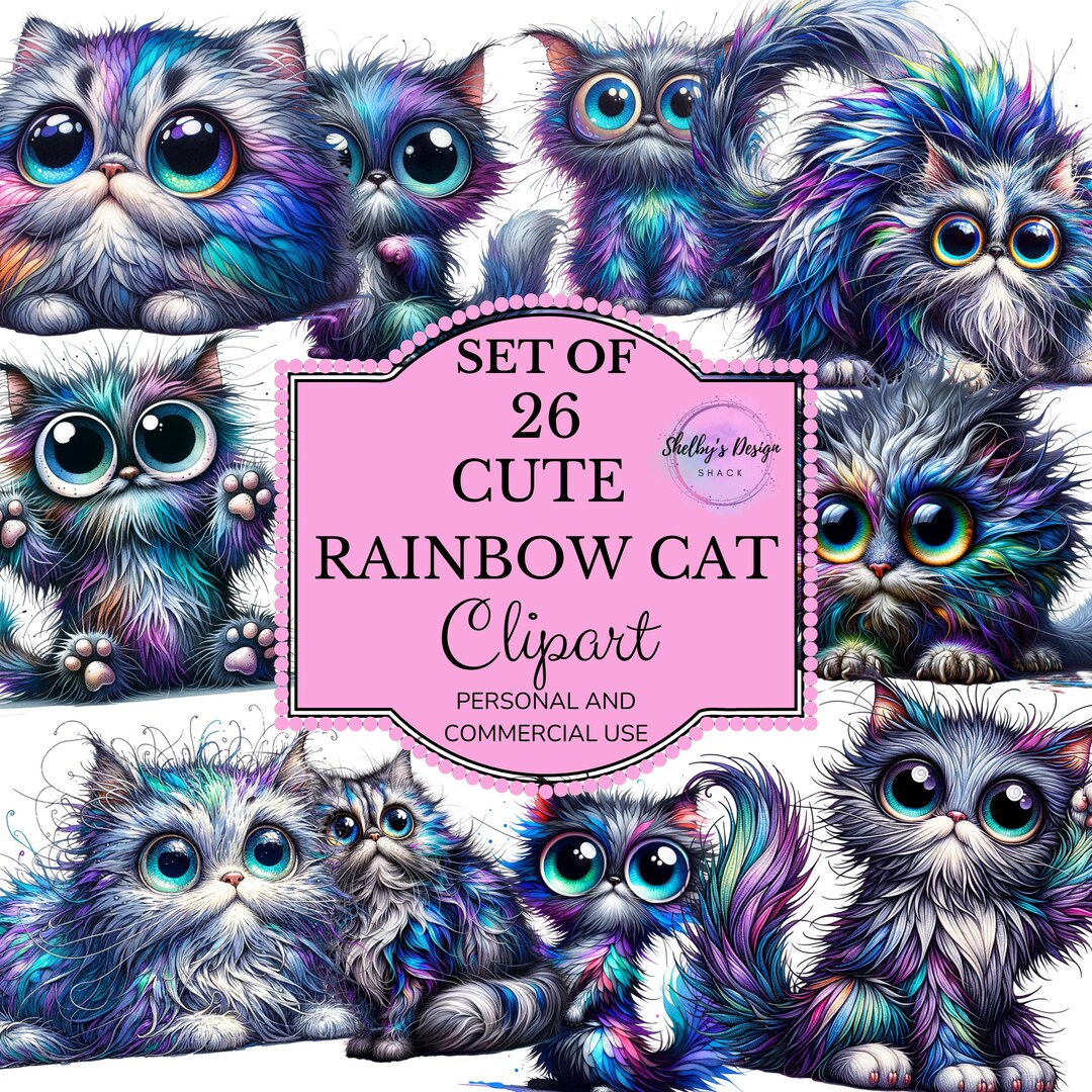 Cute Rainbow Cat Clipart Bundle, Quirky Cat Pngs, Printable Watercolor ...