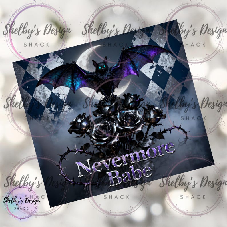 Nevermore Babe 20oz Seamless Tumbler PNG, Gothic Bat & Roses Design ...