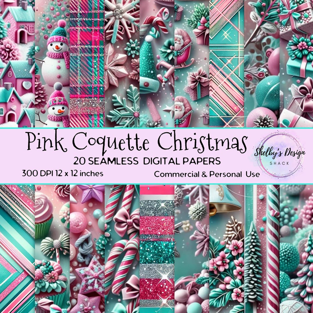 Pink Coquette Christmas Seamless Digital Paper PNG Bundle, Pastel ...