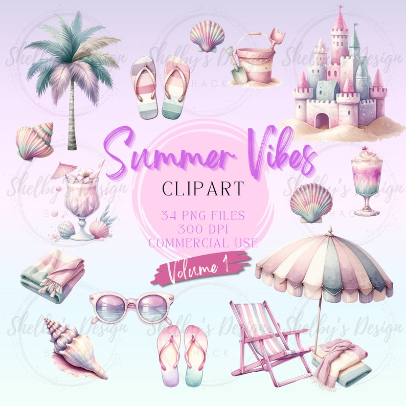 Summer Beach Volume 1 Watercolor Clipart Set, Vacation Clip Art, Boho ...