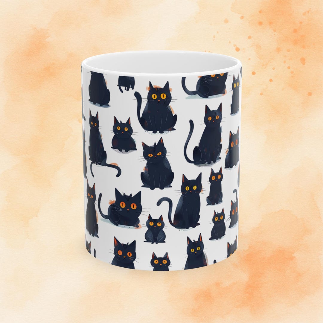 Spooky Black Cat Mug Halloween | Black Cat Pattern Halloween Coffee Mug ...