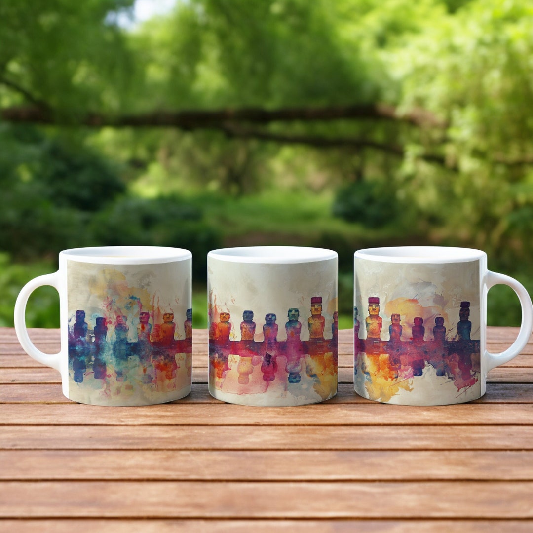 Tiki Totem Mug Watercolor Moai Statue Mug Ceramic 11 Oz Coffee Mug for ...