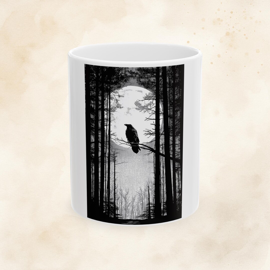 Raven Moon Mug Black White, Gothic Raven Coffee Mug, Witchy Forest Mug ...