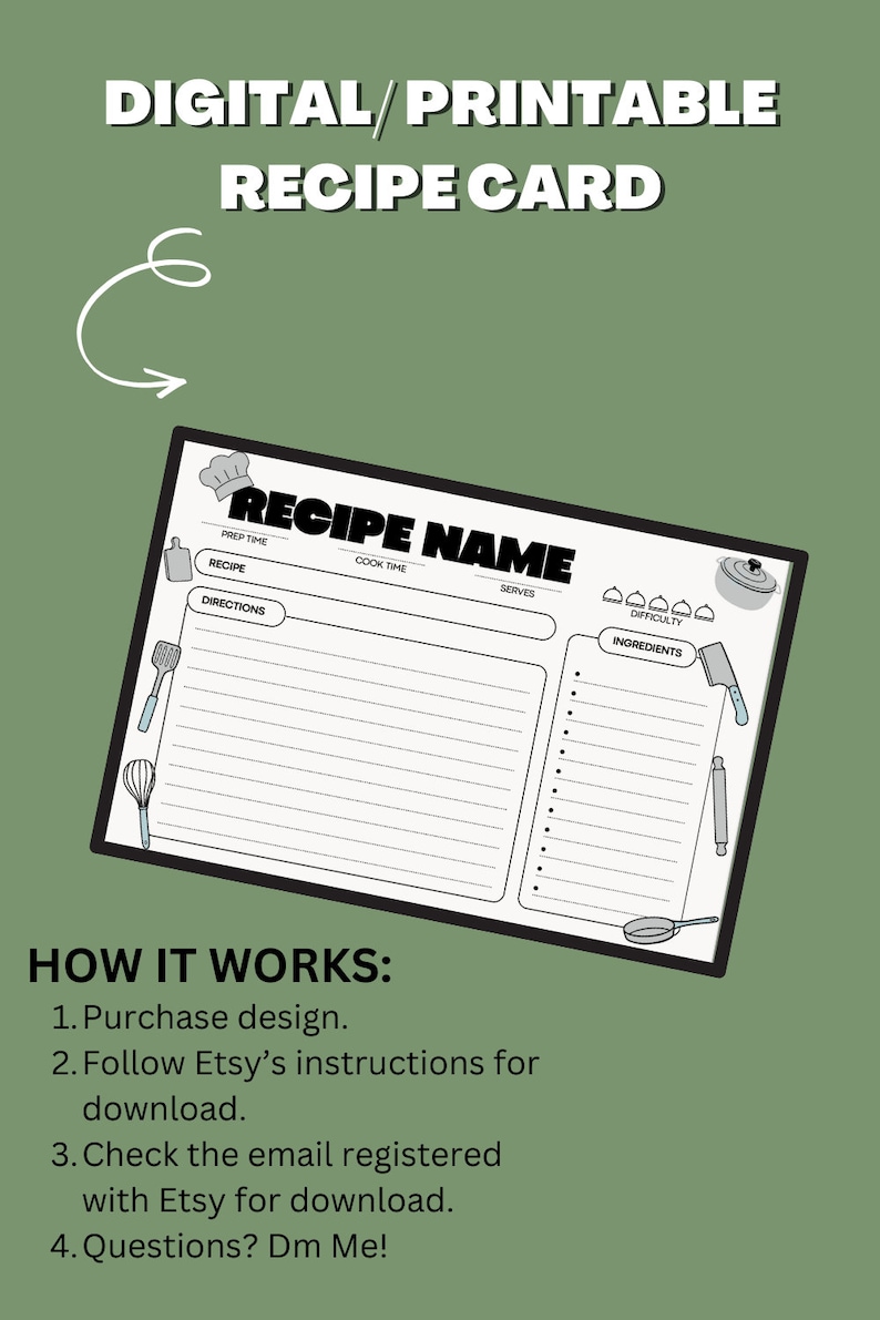 Printable/digital Recipe Card, Recipe Card Template, Family Card Insert ...