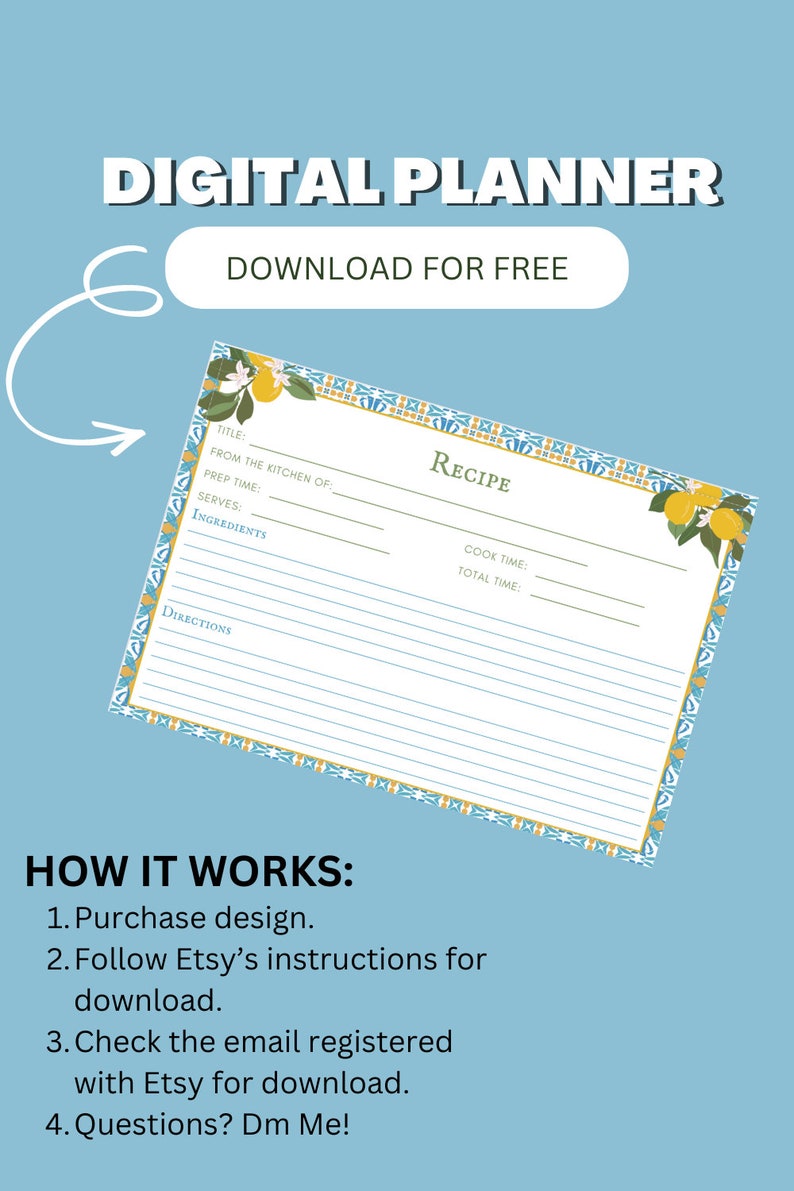 Printable Digital Recipe Card, Recipe Card Template, Cooking Lover ...