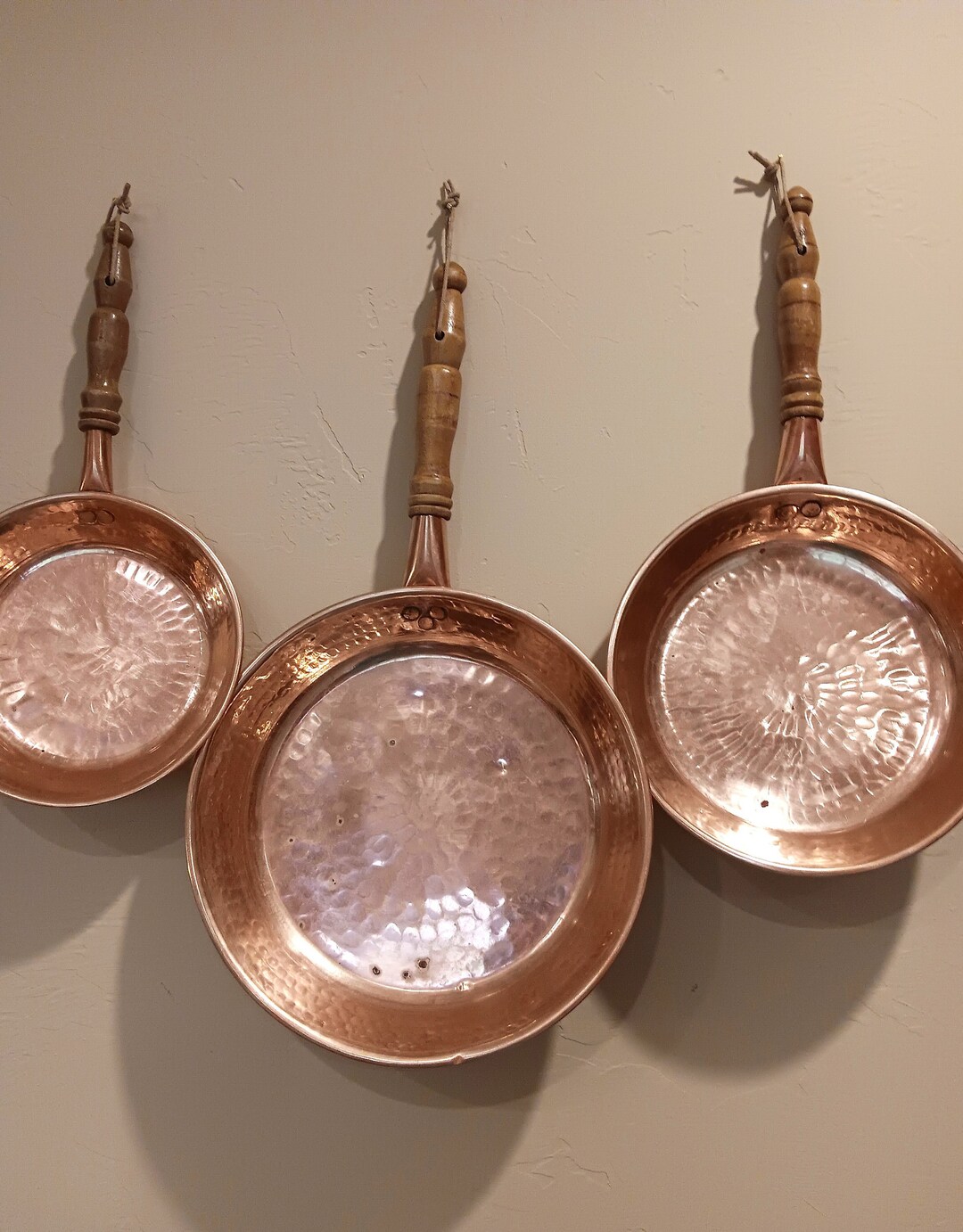 Vintage Set of Three Solid Copper Pans, Wooden Handles, Holes in ...