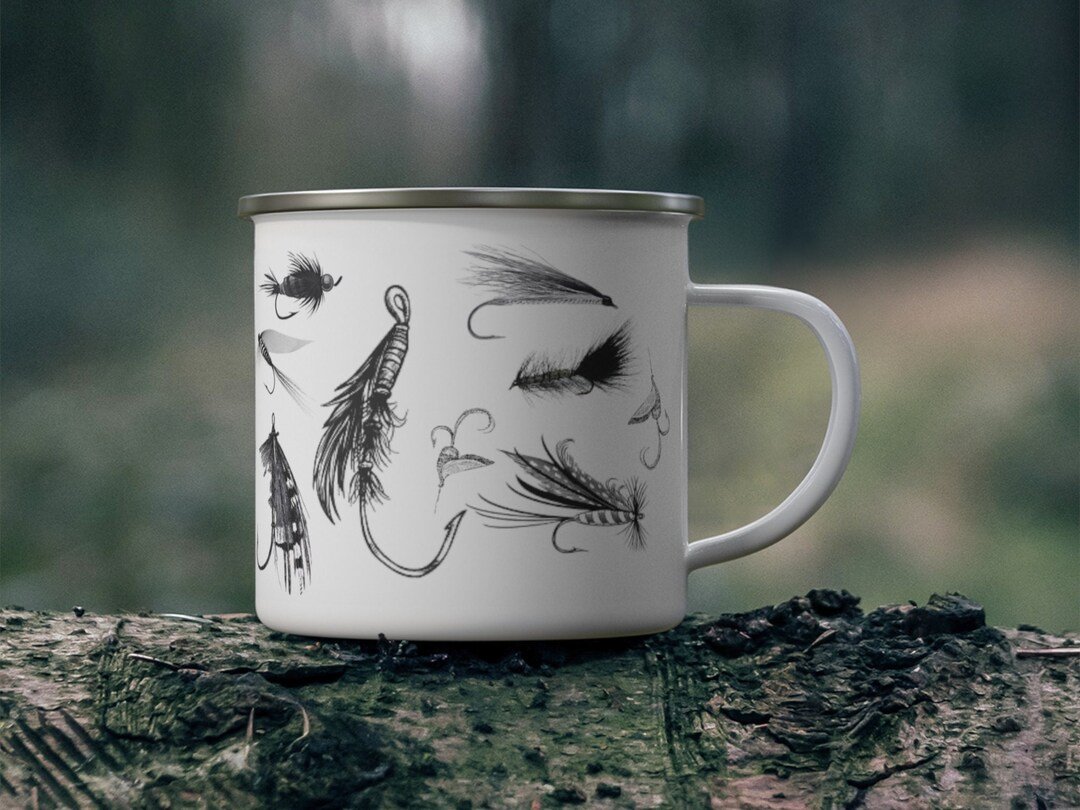 12 Oz Fly Fishing Lures Coffee Cup, Aquatic-themed Enamel Mug, Wet and ...