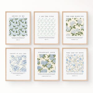 DIGITAL Blue Floral Prints Set of 6 Prints Wall Art Floral Scripture ...