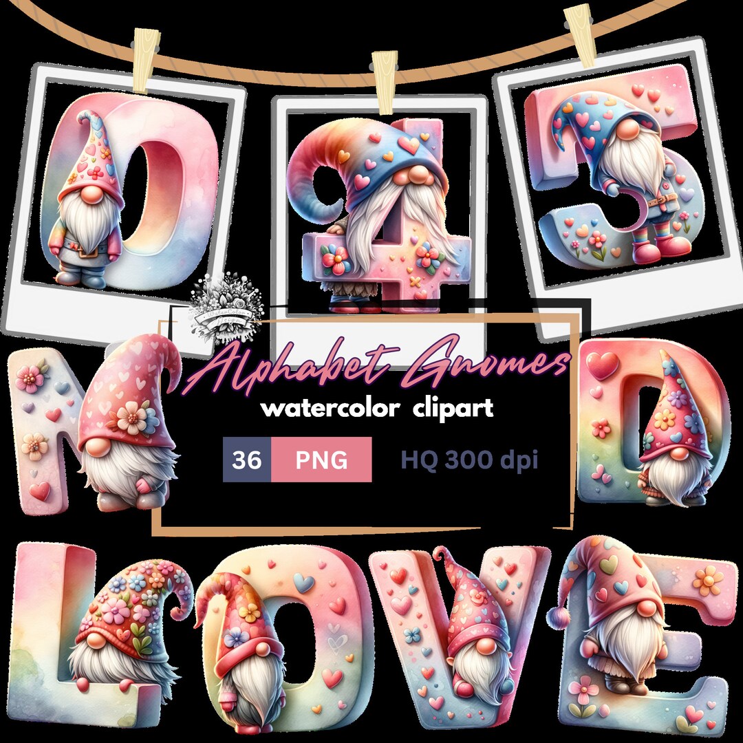 Gnome Valentine Clipart Theme-watercolor Alphabet A to Z and Numbers ...
