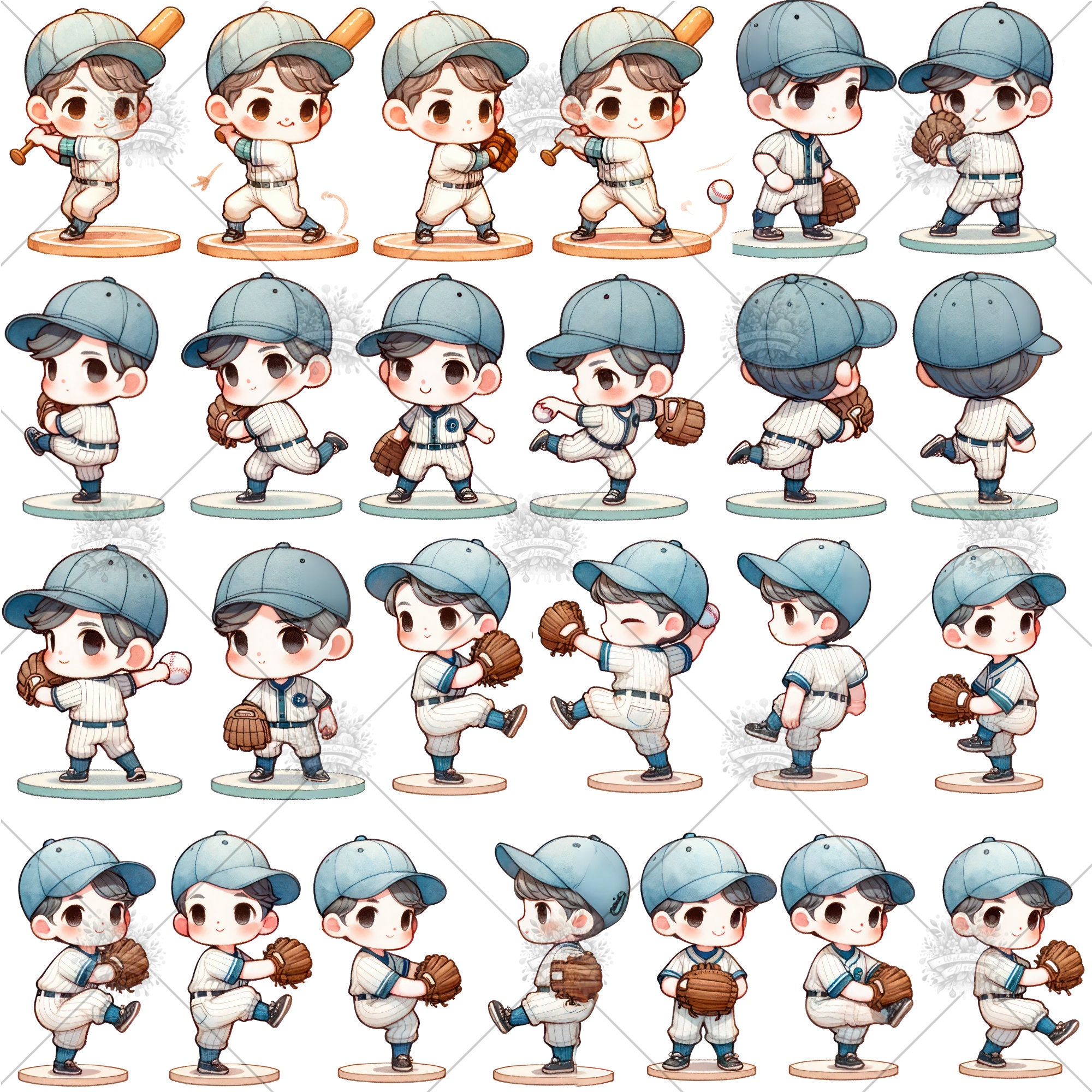 Watercolor Cute Baseball Player, Cheerleader Bundle PNG, Doodle Cute ...