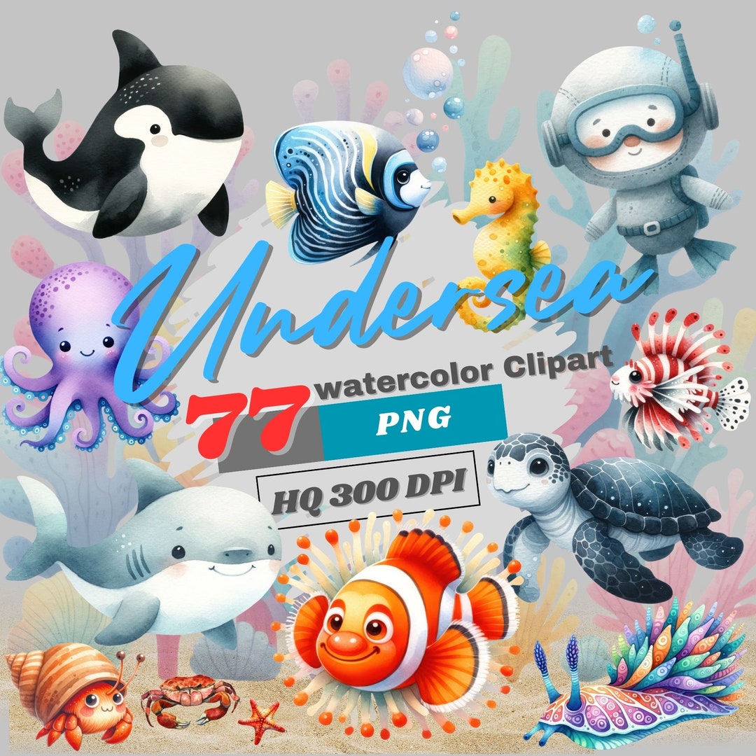 Watercolor Undersea PNG, Pastel Sea Illustration-cute Sea Animals-ocean ...