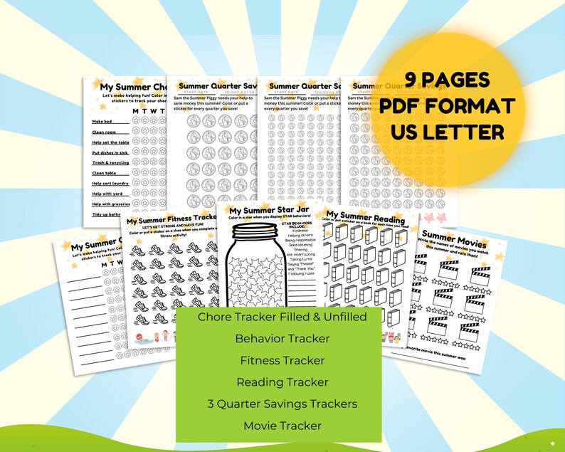 Kids Summer Tracker Bundle: Chore Chart, Reading Log (digital Download ...