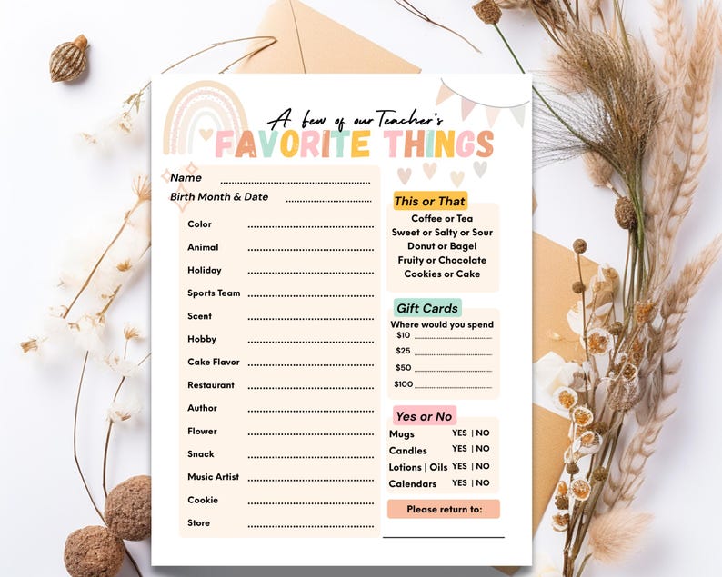 Teacher Favorite Things Questionnaire: Printable Teacher Survey (PDF ...