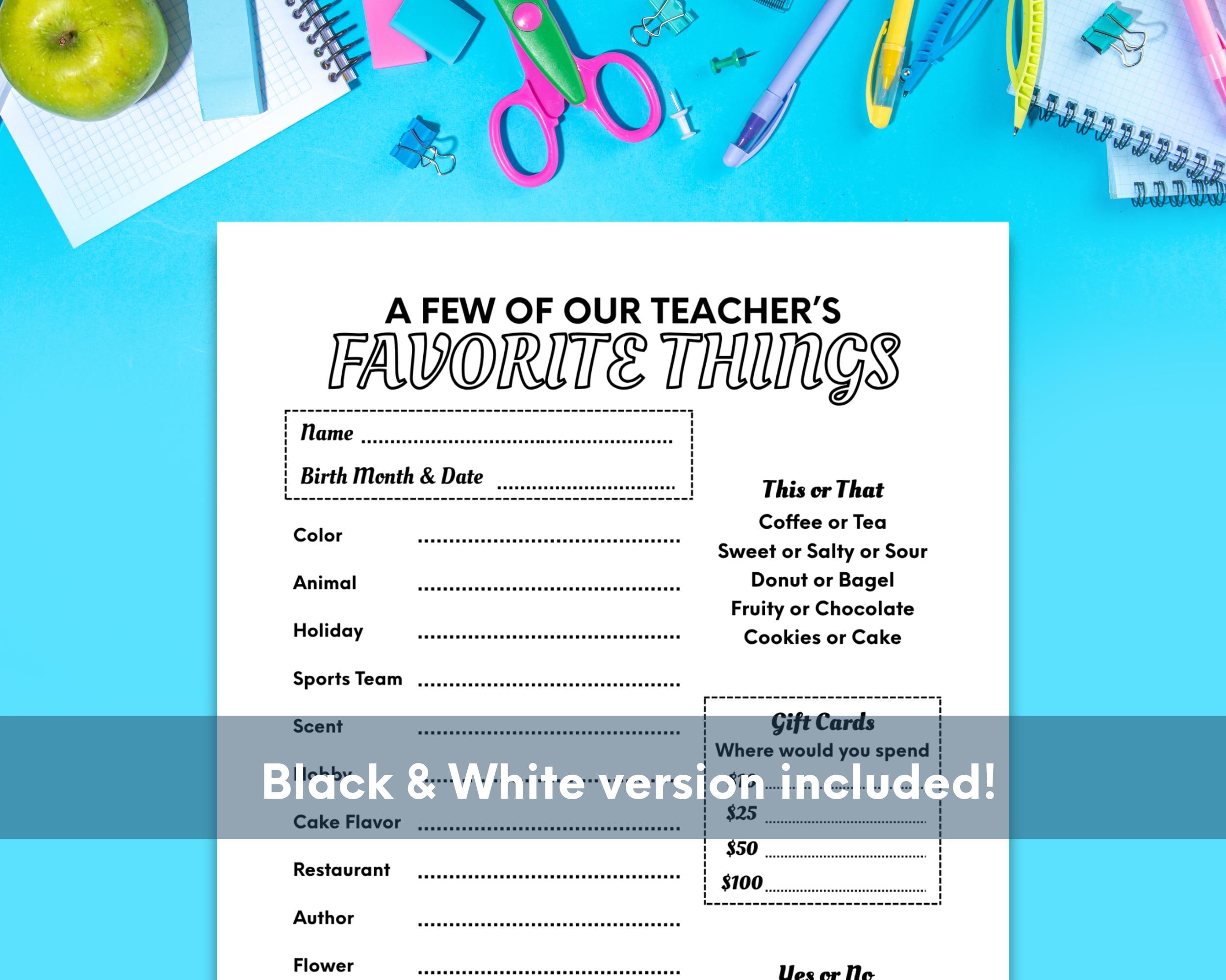 Teacher Favorite Things Questionnaire: Printable Teacher Survey (PDF ...