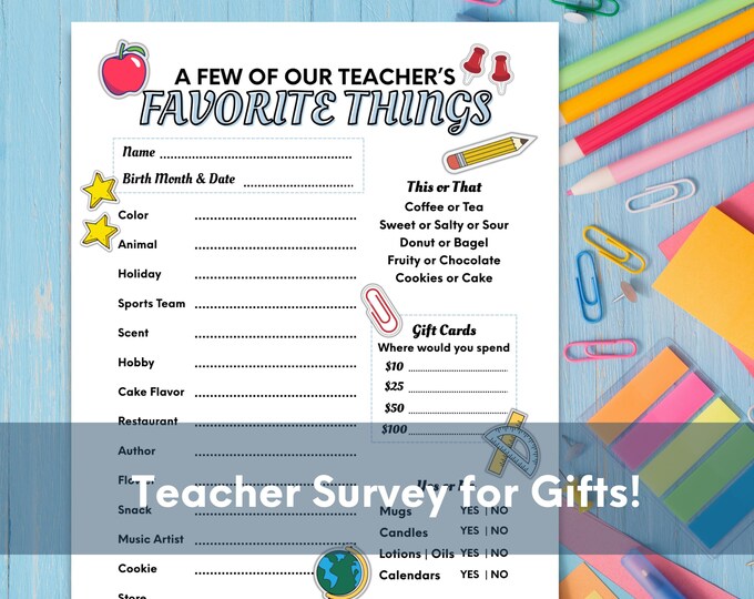 Teacher Favorite Things Questionnaire, Printable Teacher Survey ...